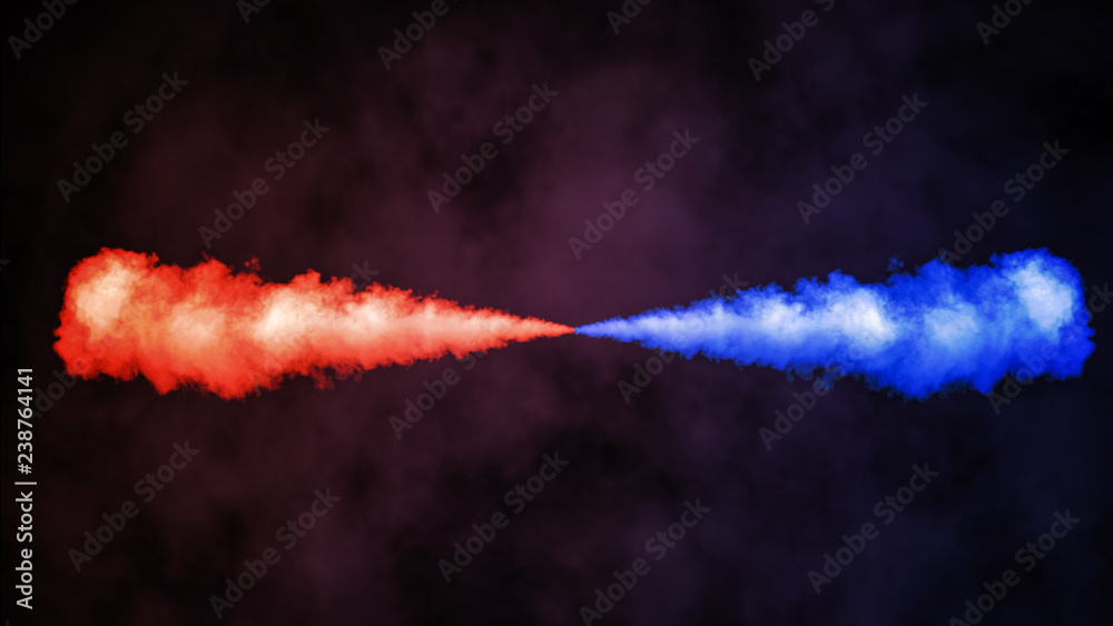 Red versus Blue explosion isolated on black background. Smoke particles ...