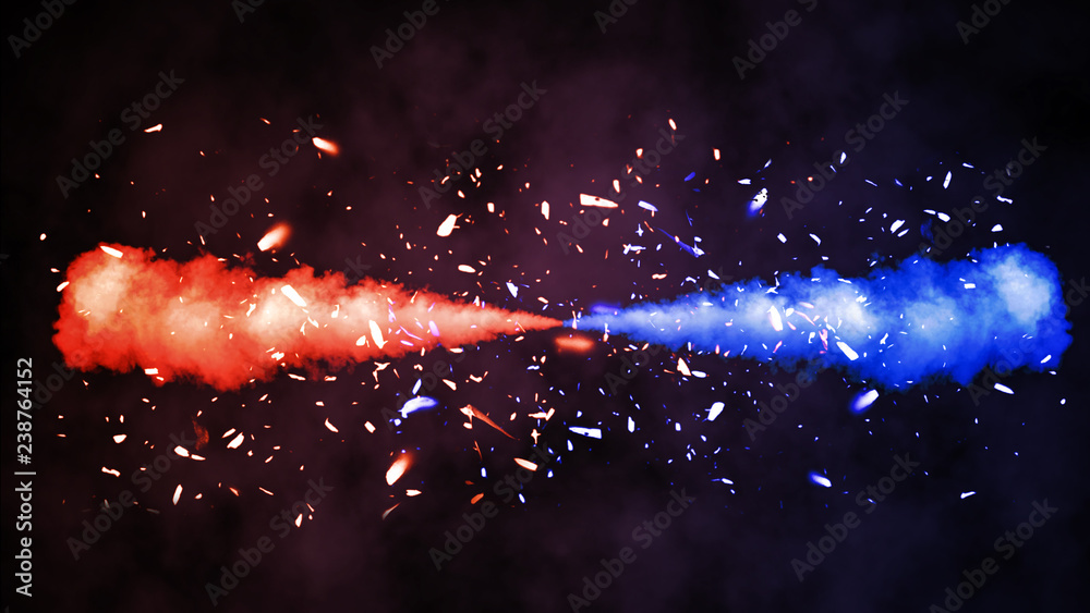 Red versus Blue explosion isolated on black background. Smoke particles ...