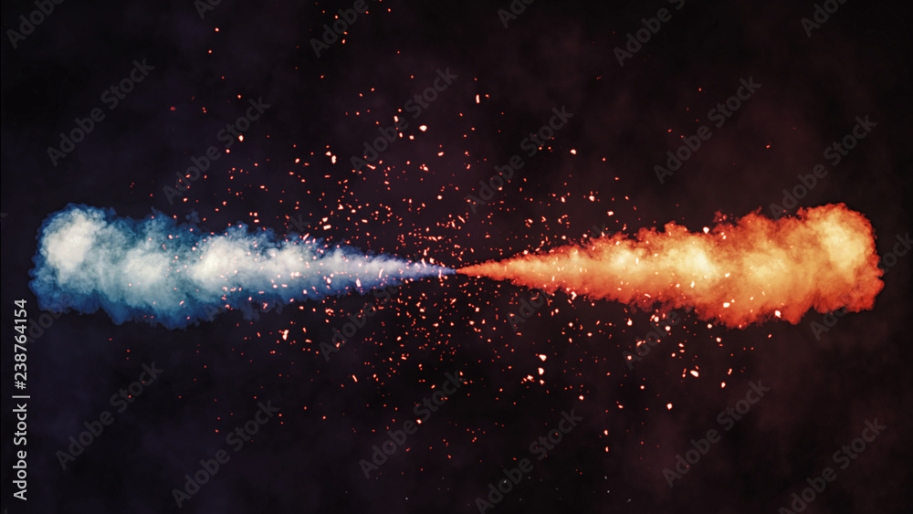 Red versus Blue explosion isolated on black background. Smoke particles ...