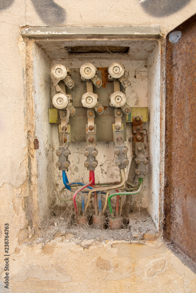 old open dusty electrical box, with cob webs and colorful wiring Stock ...