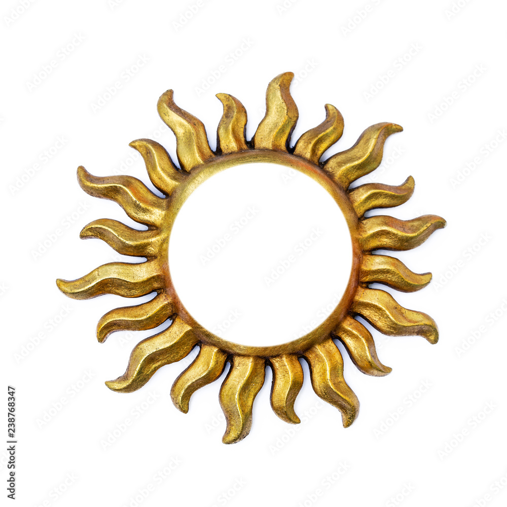 Golden sun shape frame with sunrays isolated on white. Wooden decor ...