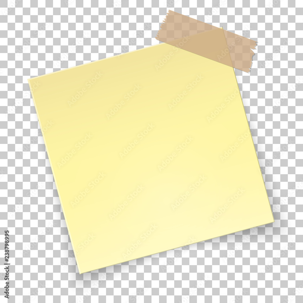 Realistic sticky tape on transparent background, empty yellow note ...