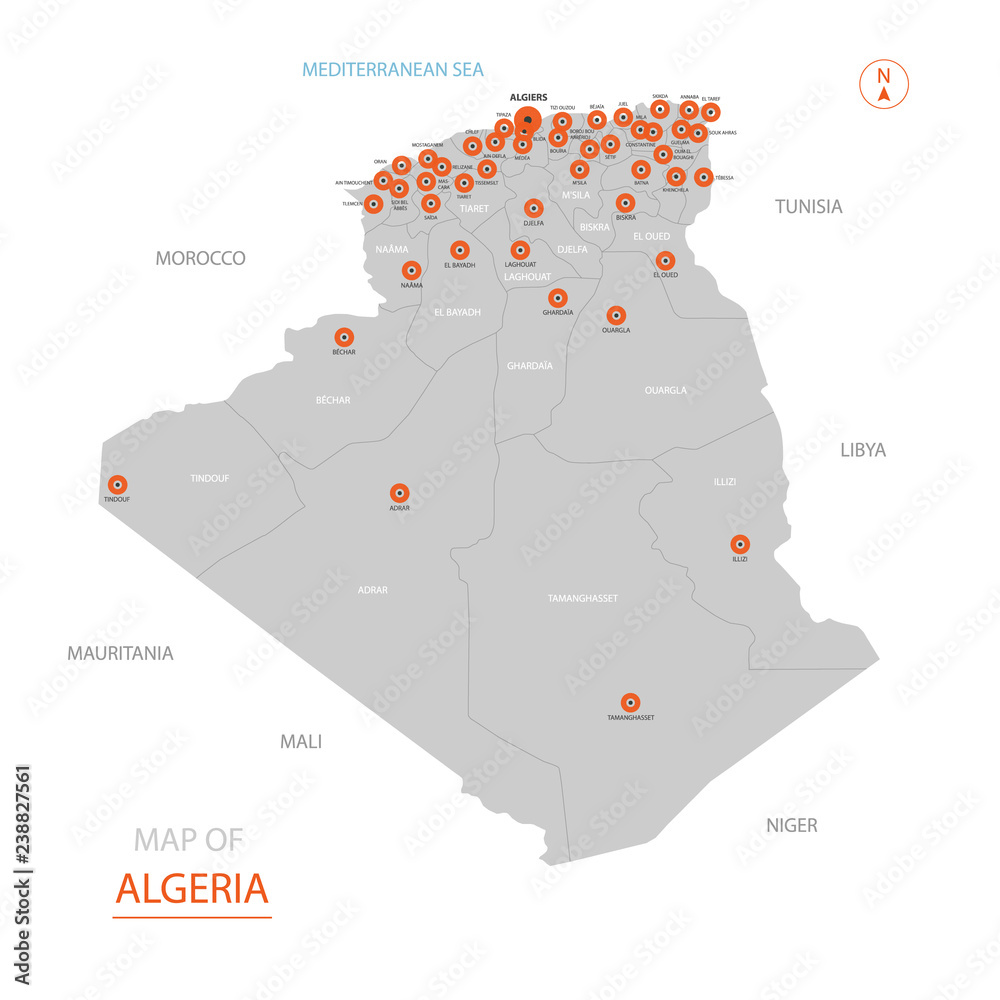 Stylized vector Algeria map showing big cities, capital Algiers ...