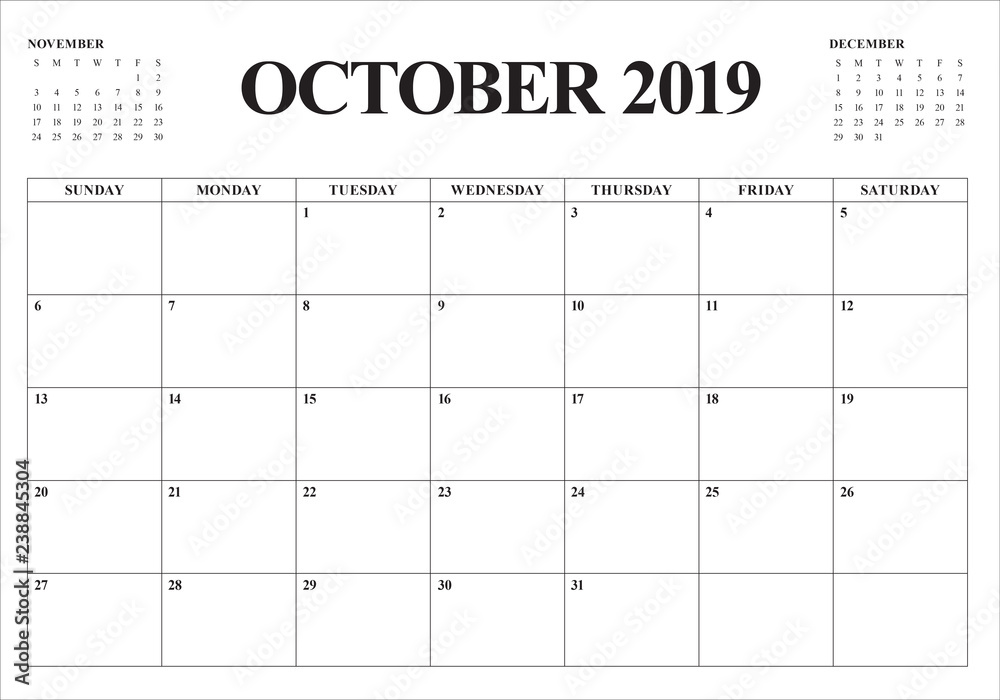October 2019 monthly calendar vector illustration Stock Vector | Adobe ...