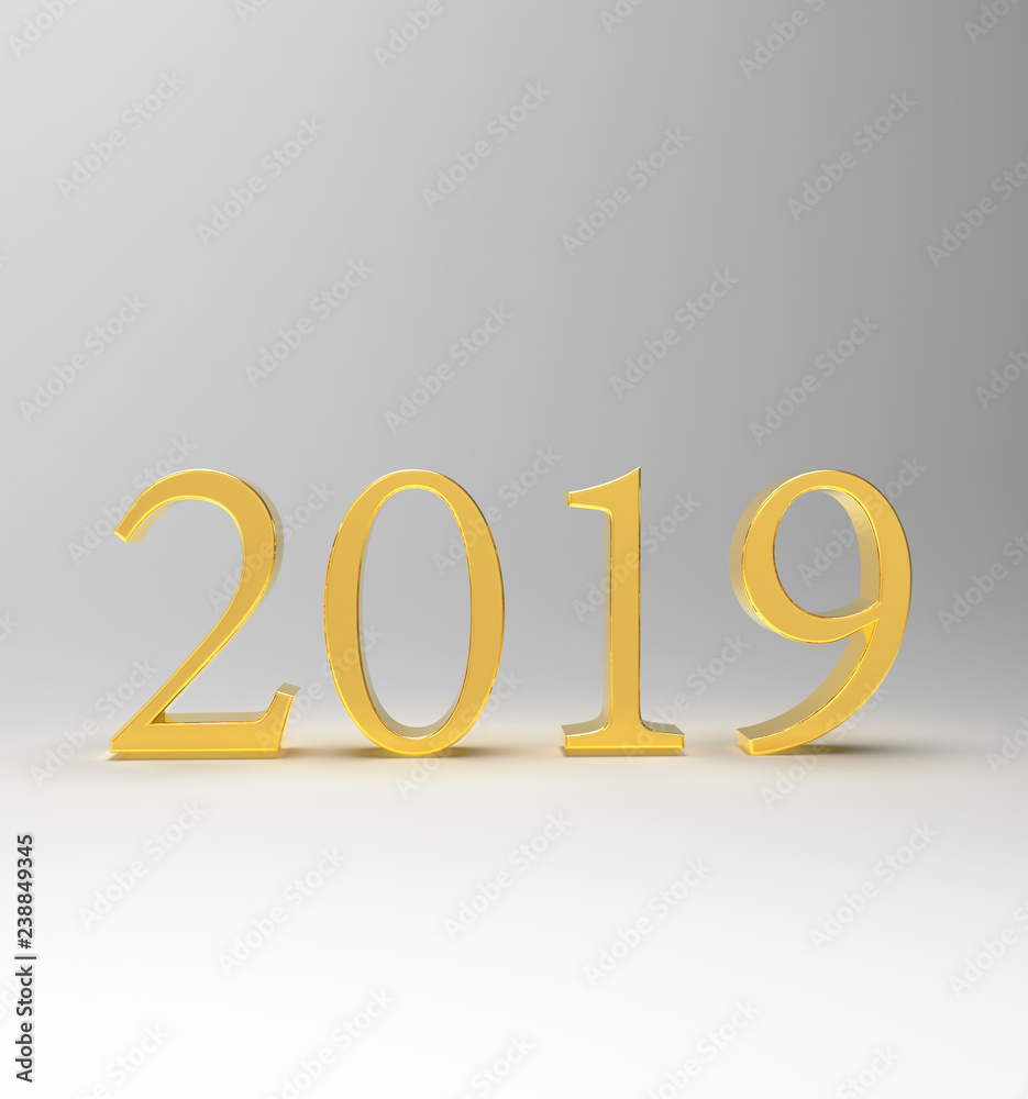 Gold numbers 2019 with shadows on studio background for greeting cards ...