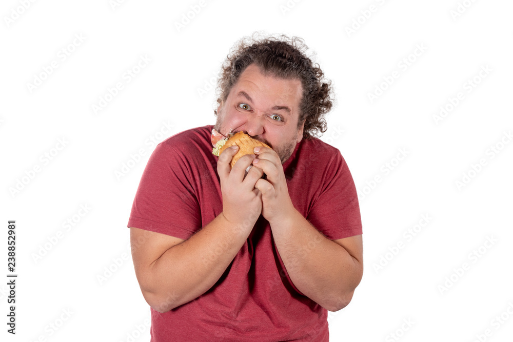 Funny fat man eating hamburger. Fast food, unhealty eat. Overweight and ...