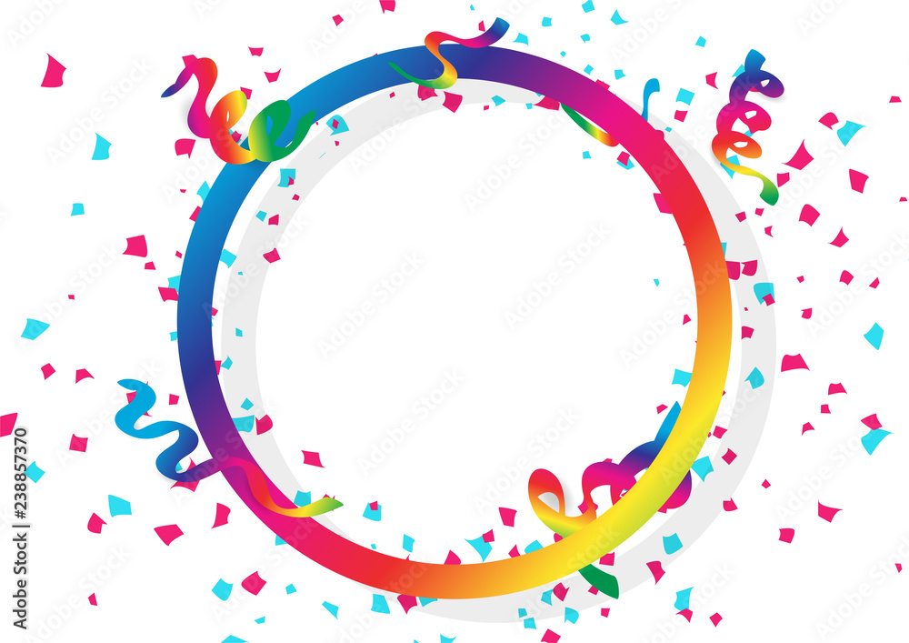 Confetti celebration, ribbons and paper scatter falling with circular ...