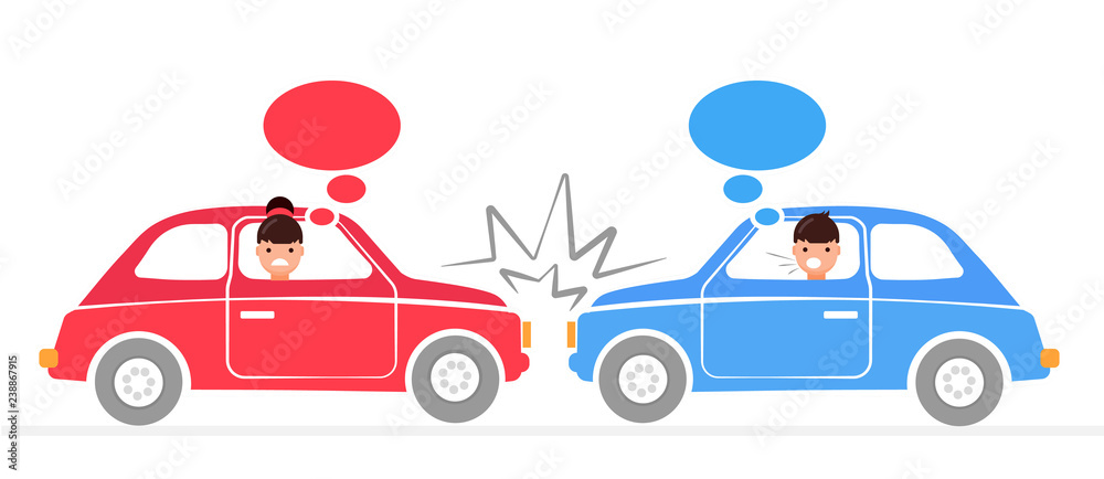 Two cars hit head-on. Car accident flat design. Car crash banner. Man ...