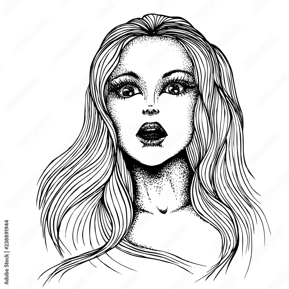 Portrait of a shocked surprised girl with long hair. Vector hand drawn ...
