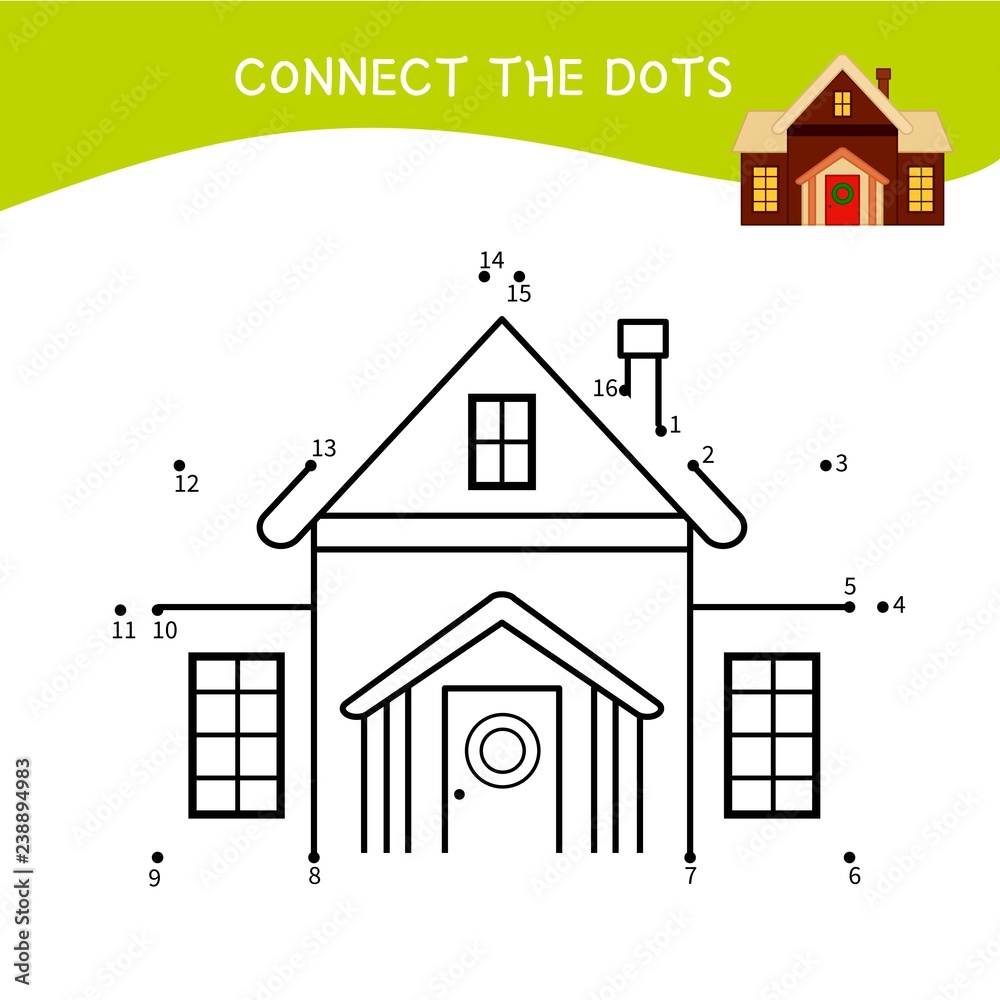 Educational game for kids. Dot to dot game for children. Cartoon house ...