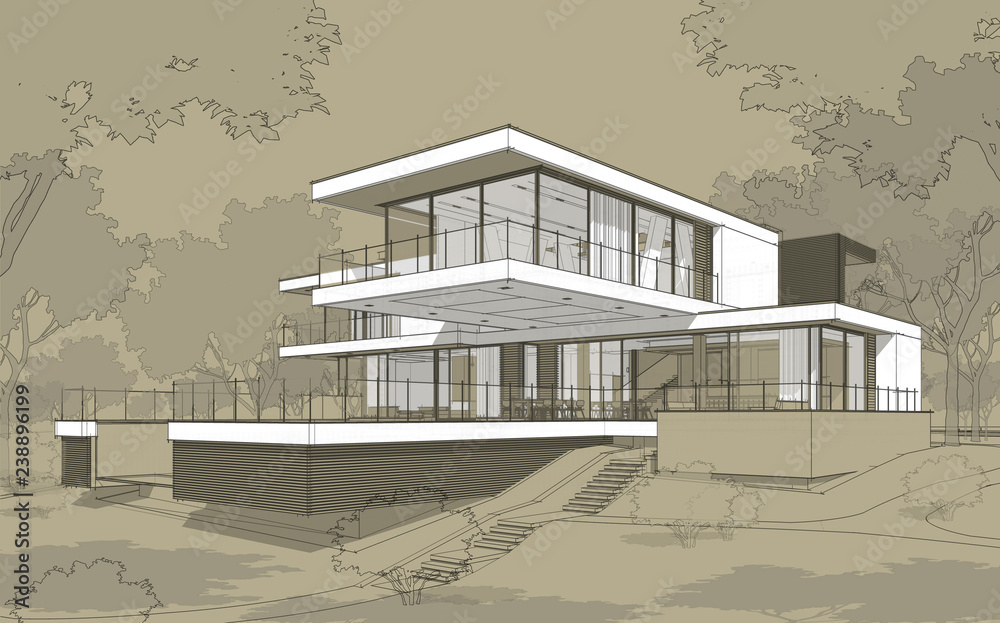 3d rendering sketch of modern cozy house with garage for sale or rent ...
