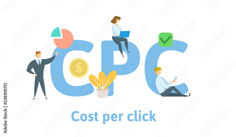 CPC cost per click. Concept with keywords, letters, and icons. Colored ...