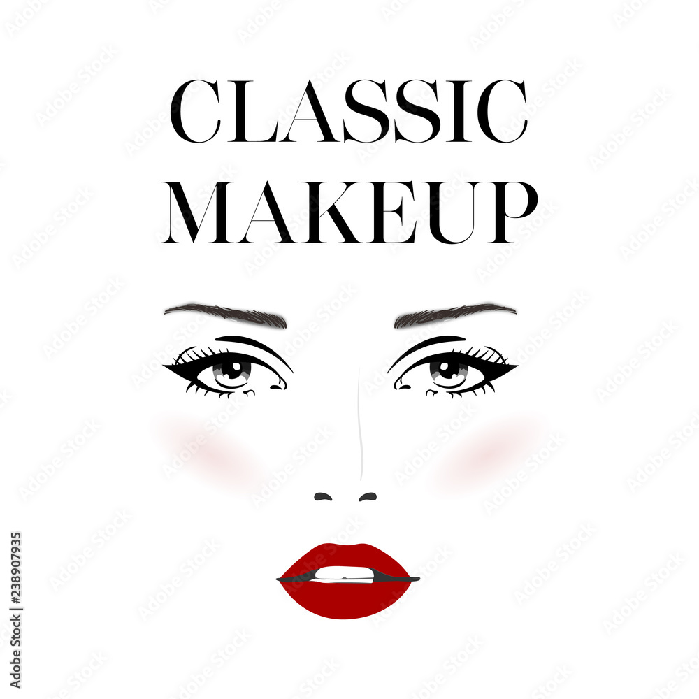 Beautiful woman face with classic make-up and red lips hand drawn ...