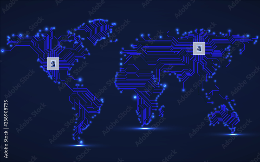 Abstract world map with cpu. Circuit board. Technology background Stock ...