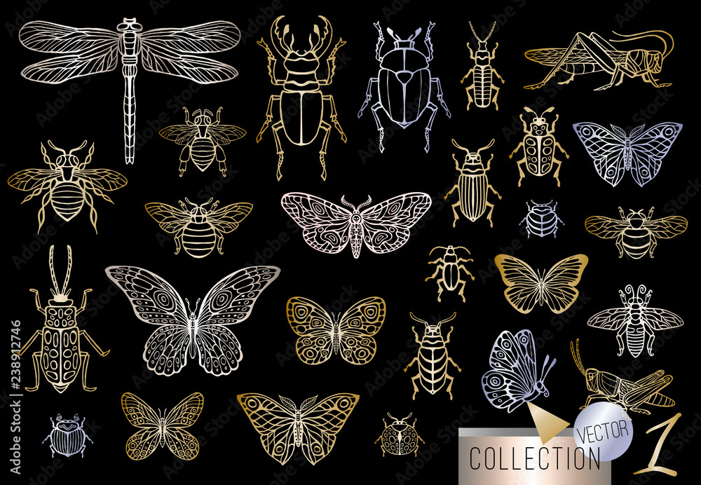 Big hand drawn golden line set of insects bugs, beetles, honey bees ...