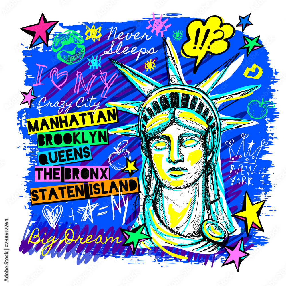 New York, t shirt design, poster, print, statue of liberty lettering ...