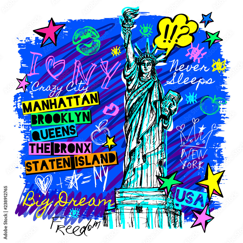New York, t shirt design, poster, print, statue of liberty lettering ...