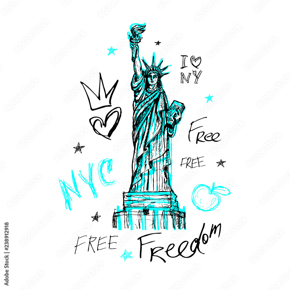 New York, t shirt design, poster, print, statue of liberty lettering ...