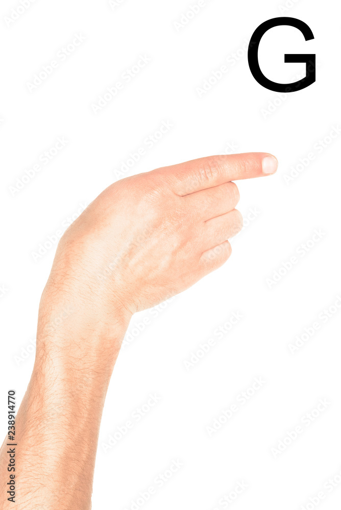 partial view of hand showing latin letter - G, deaf and dumb language ...