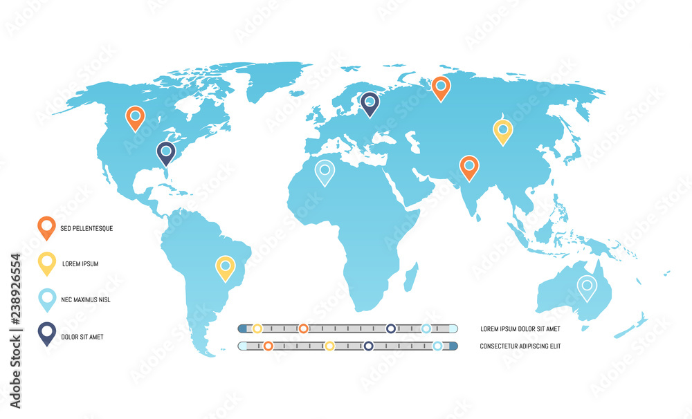 World Map with Location Pointers and Scale Chart Stock Vector | Adobe Stock