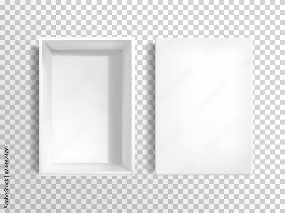 Poster Opened, blank white, rectangular, empty cardboard box with ...