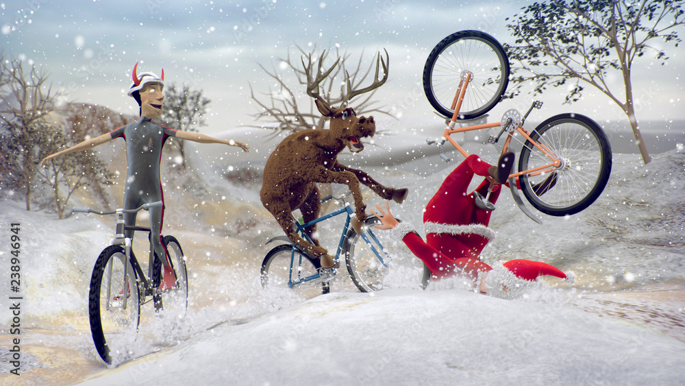 Funny Lame and Bad Santa Claus on bicycle with friend reindeer on a ...