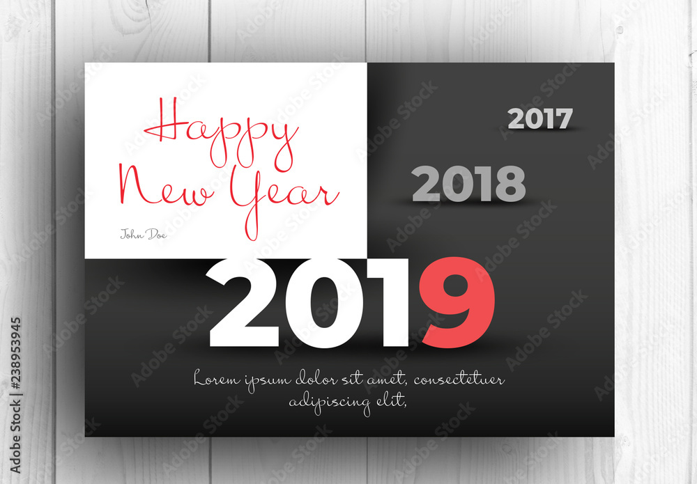 Happy New Year Card Layout with Red Accents Stock Template | Adobe Stock