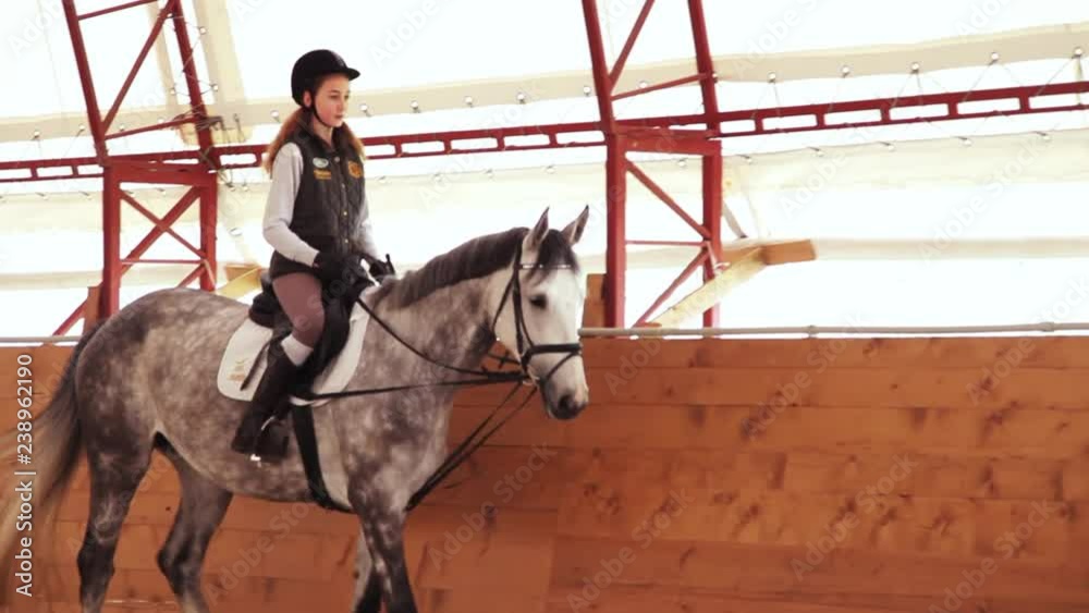 Close up girl riding horse smile on farm horseback sport competition ...