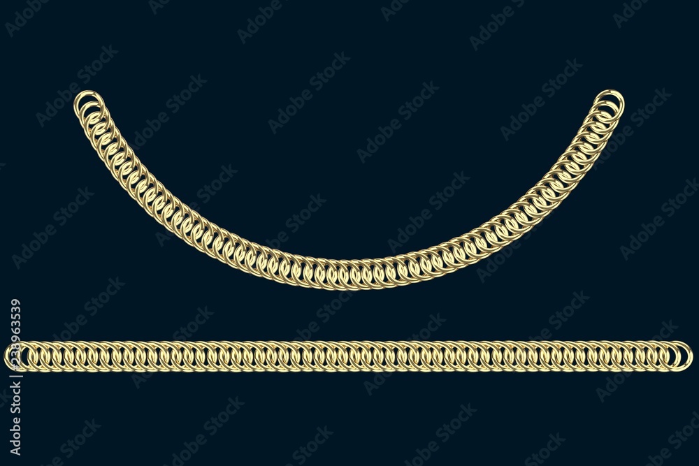 Golden chains on a dark blue background, 3d render. Wide jewelry chains ...