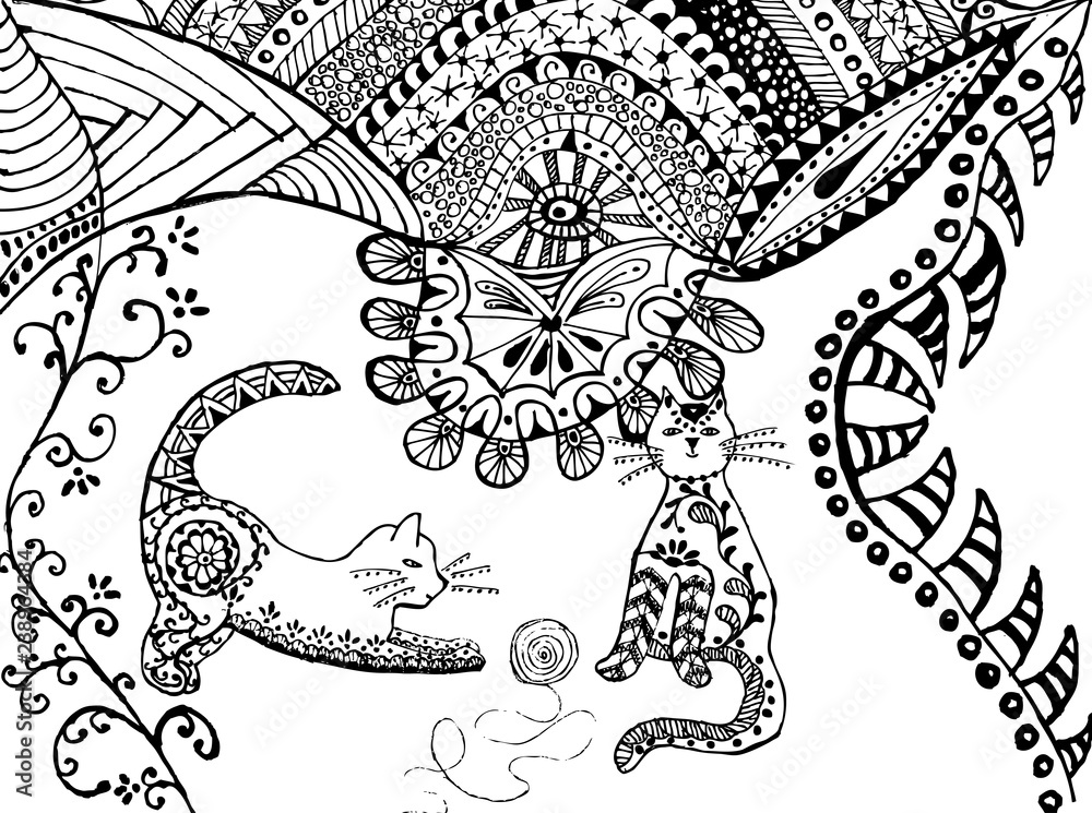 Cat black white vector. Zen art. Hand drawn fat fluffy animal portrait ...