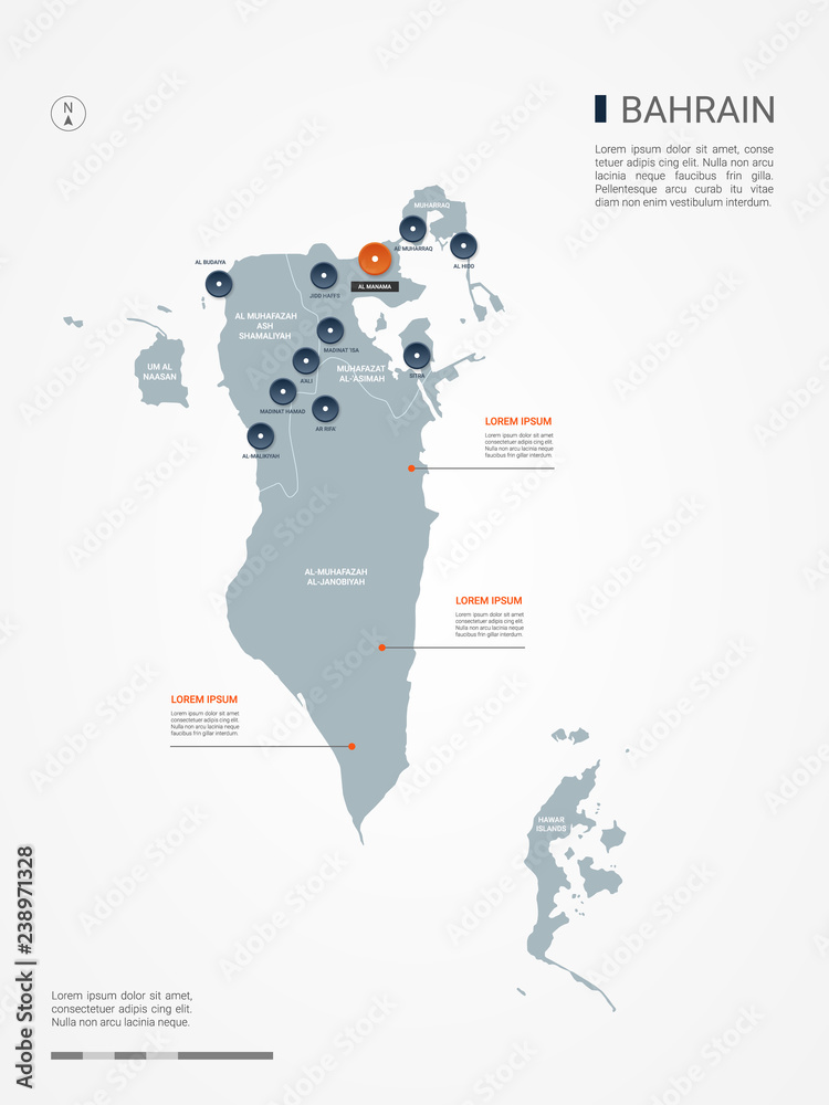 Bahrain map with borders, cities, capital and administrative divisions ...