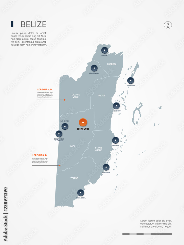 Belize map with borders, cities, capital and administrative divisions ...