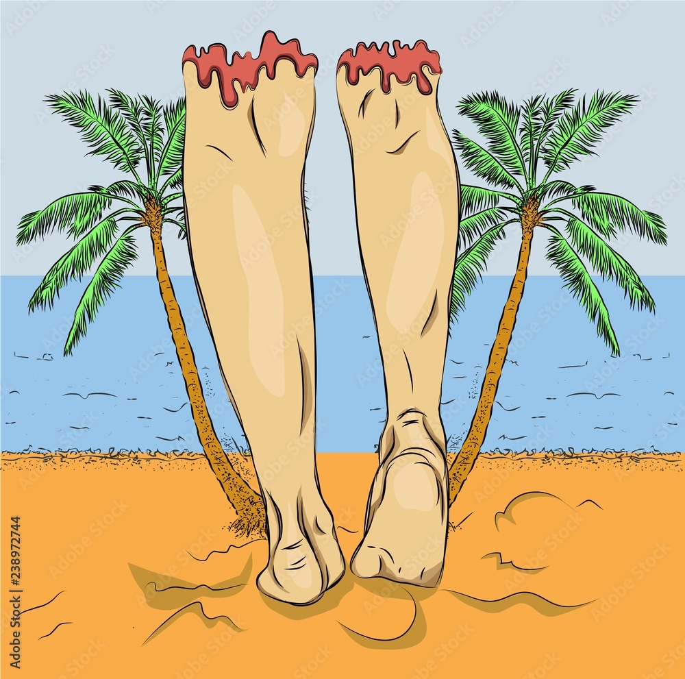 Slender female legs, barefoot, back view,in the background of a palm ...