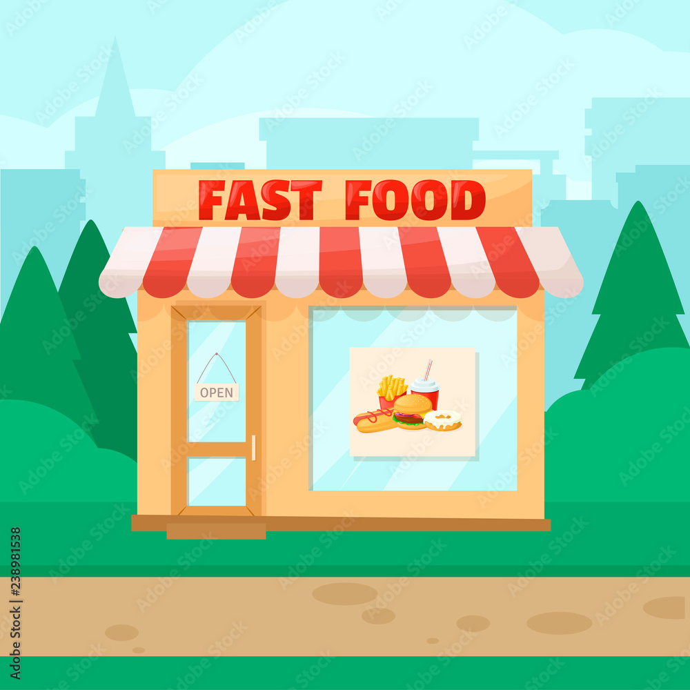 Fast food cafe. Restorant facade on city landscape. Cartoon vector ...