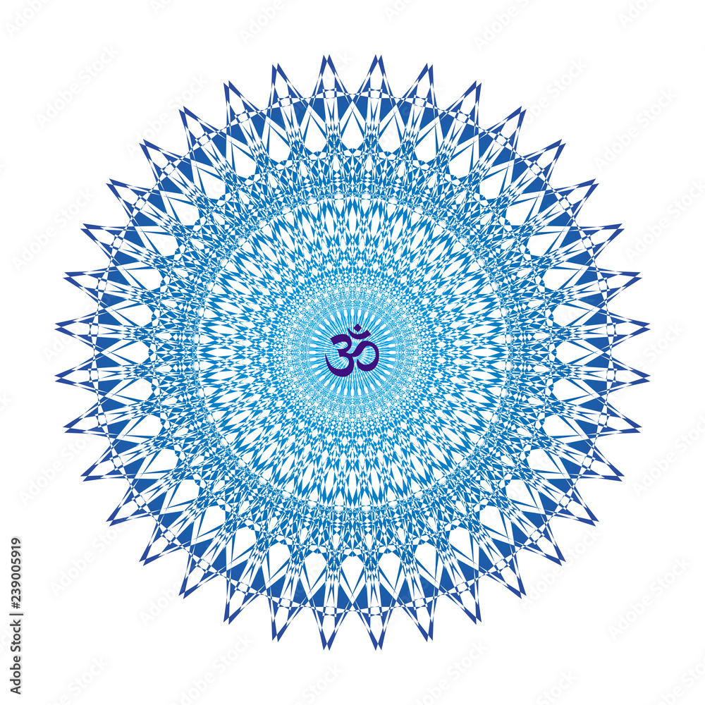 Blue mandala with aum / ohm / om sign in the center. Vector openwork ...