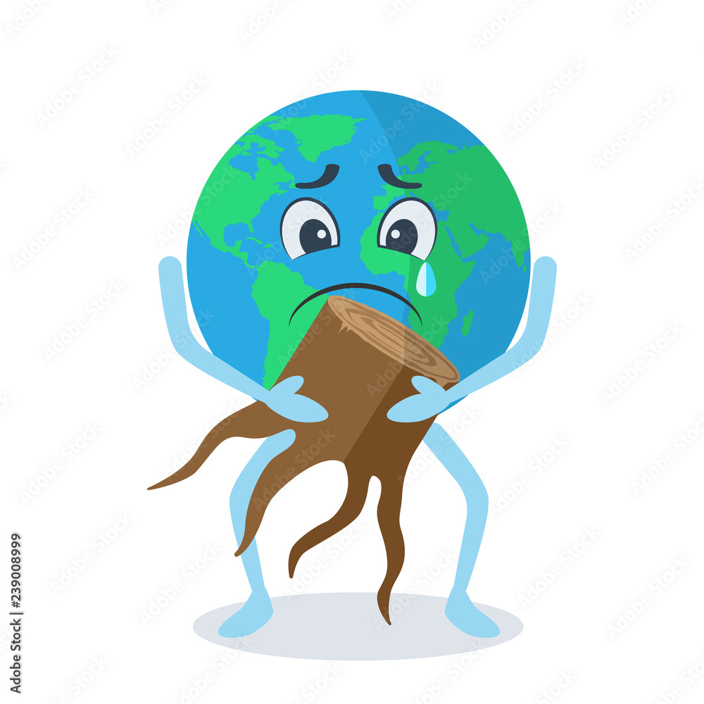 Deforestation problem concept. Earth sad character holds stump in flat ...