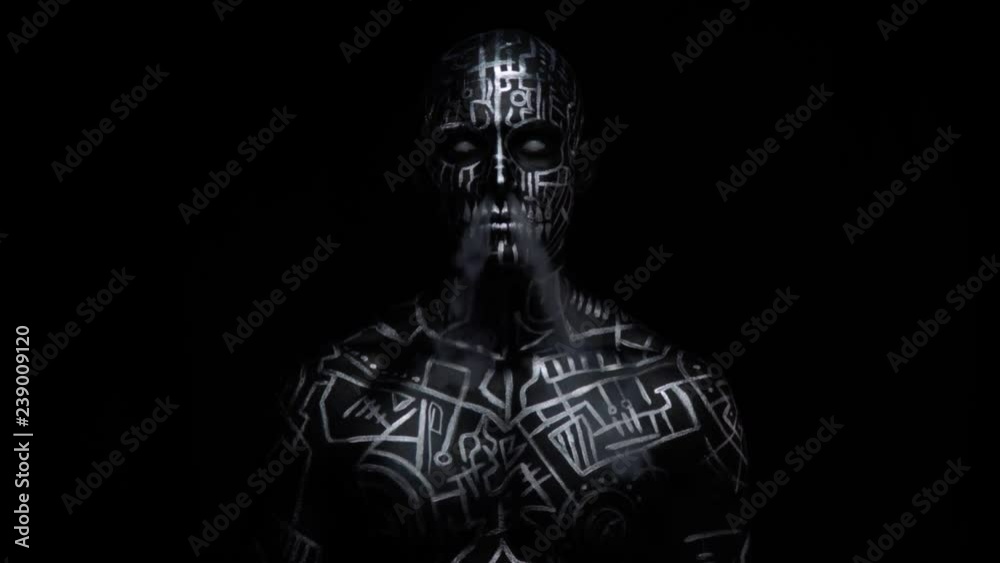 Scary man with lines all over his body lifts up his head and blows the ...