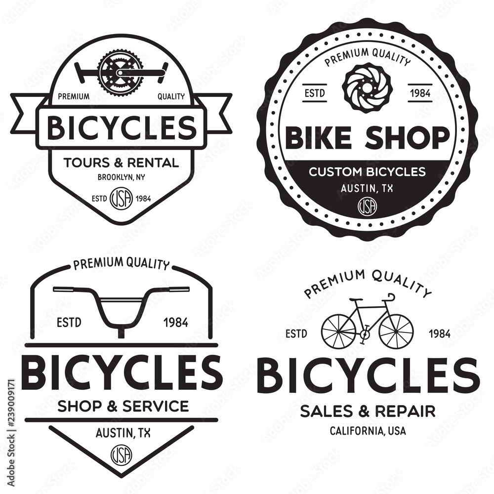 Set of vintage and modern bike shop logo badges and labels. Cycle wheel ...