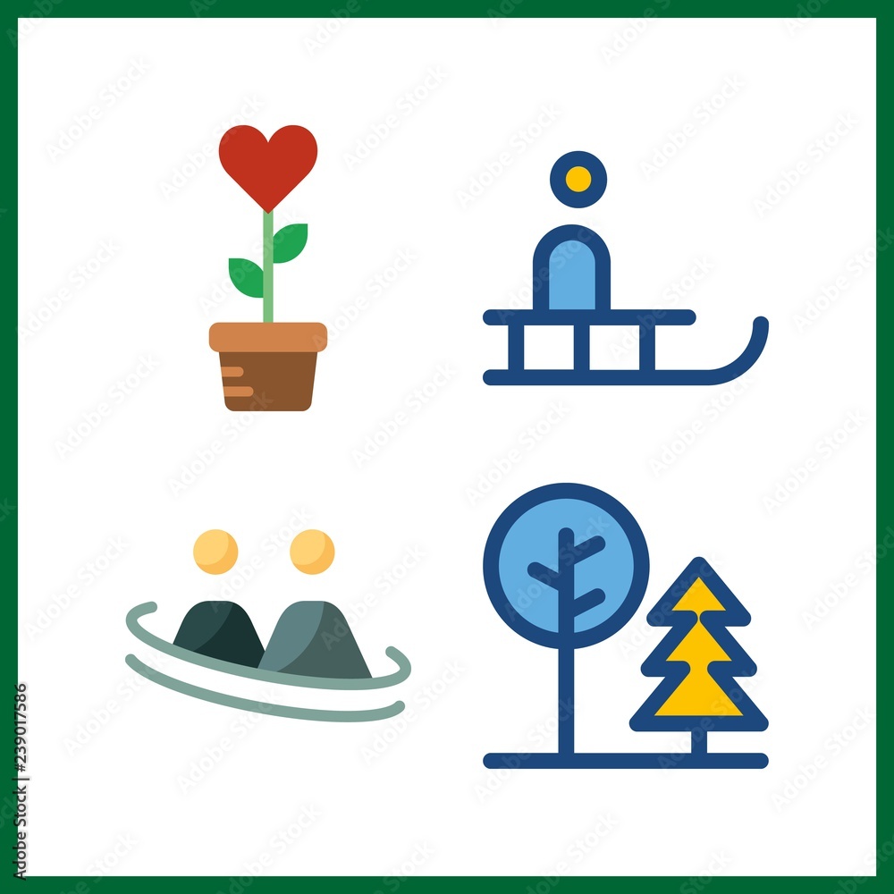 4 forest icon. Vector illustration forest set. sleigh and frienship ...