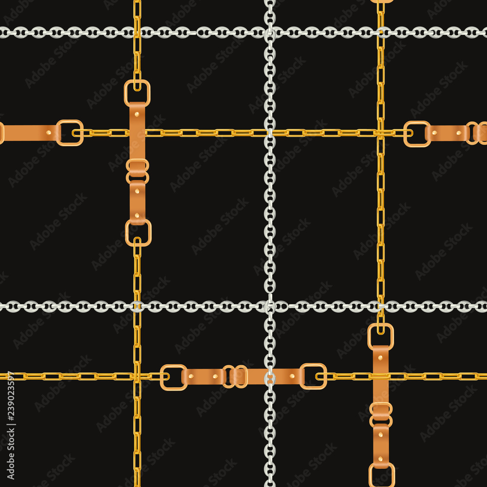 Fashion Seamless Pattern with Golden Chains and Straps. Chain, Braid ...