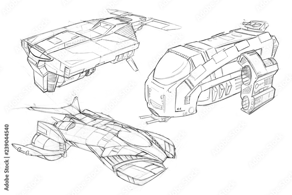 Ilustrace „Black and white pencil concept art drawing of set of ...