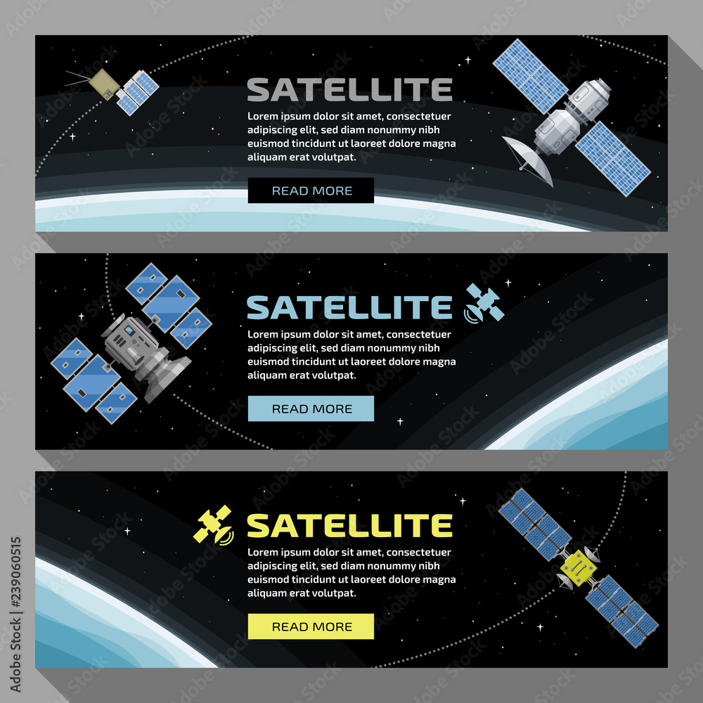 Set of horizontal black banners with satellite in space with earth and ...