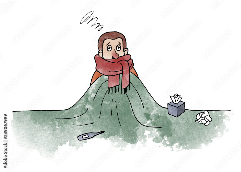 Cartoon sick person in bed with paper tissues and clinical thermometer ...