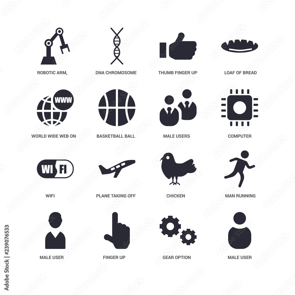 16 icons related to Male user, Basketball ball with line, Robotic arm ...