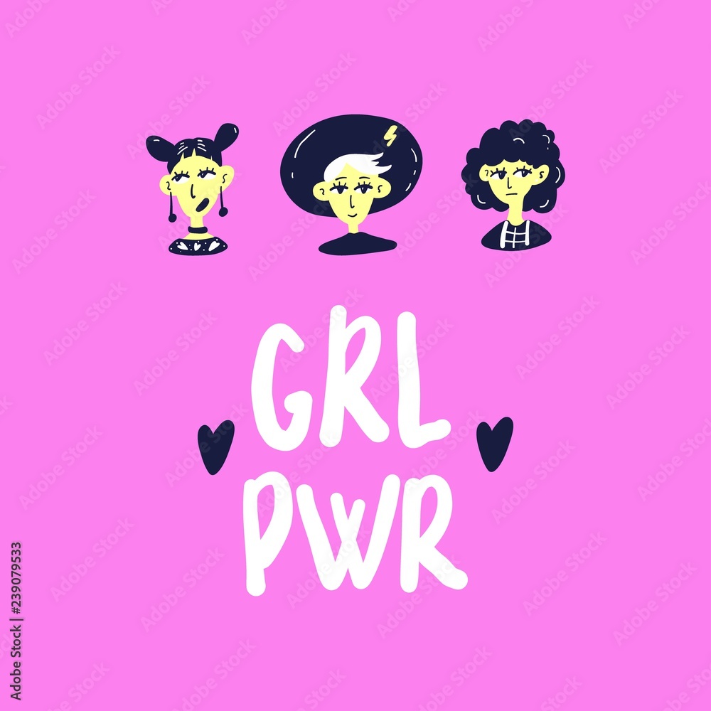 Girl power. Hand drawing illustration. Cartoon girls with lettering for ...