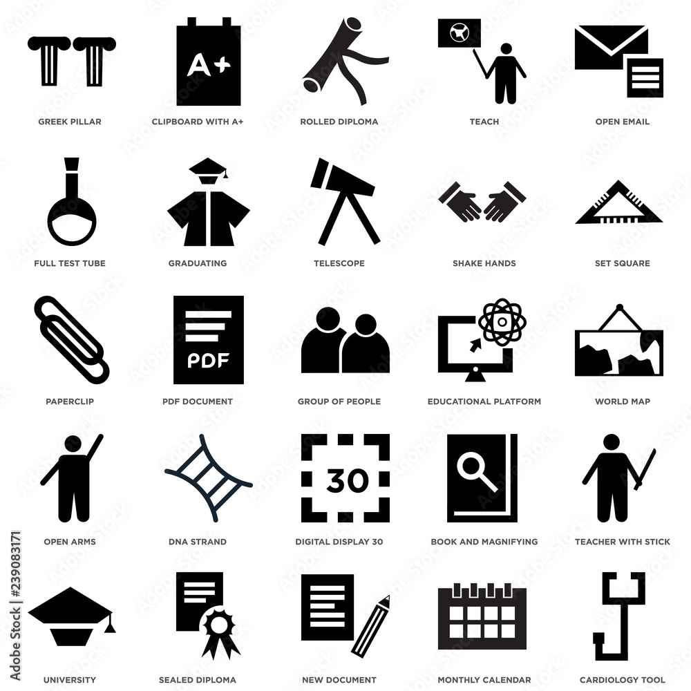 25 icons related to cardiology tool, World Map, Set square, Clipboard ...