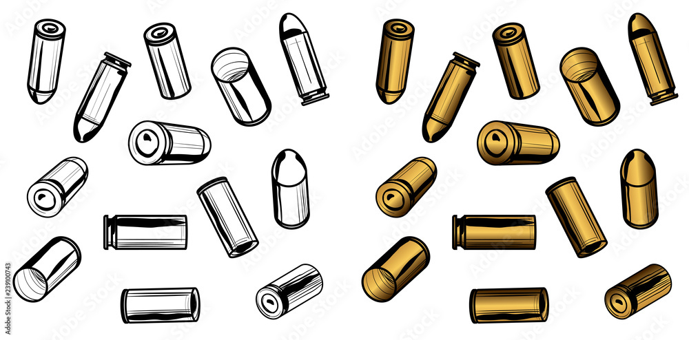 13 Bullets and Spent Casings with Preserved Lines Stock Vector | Adobe ...