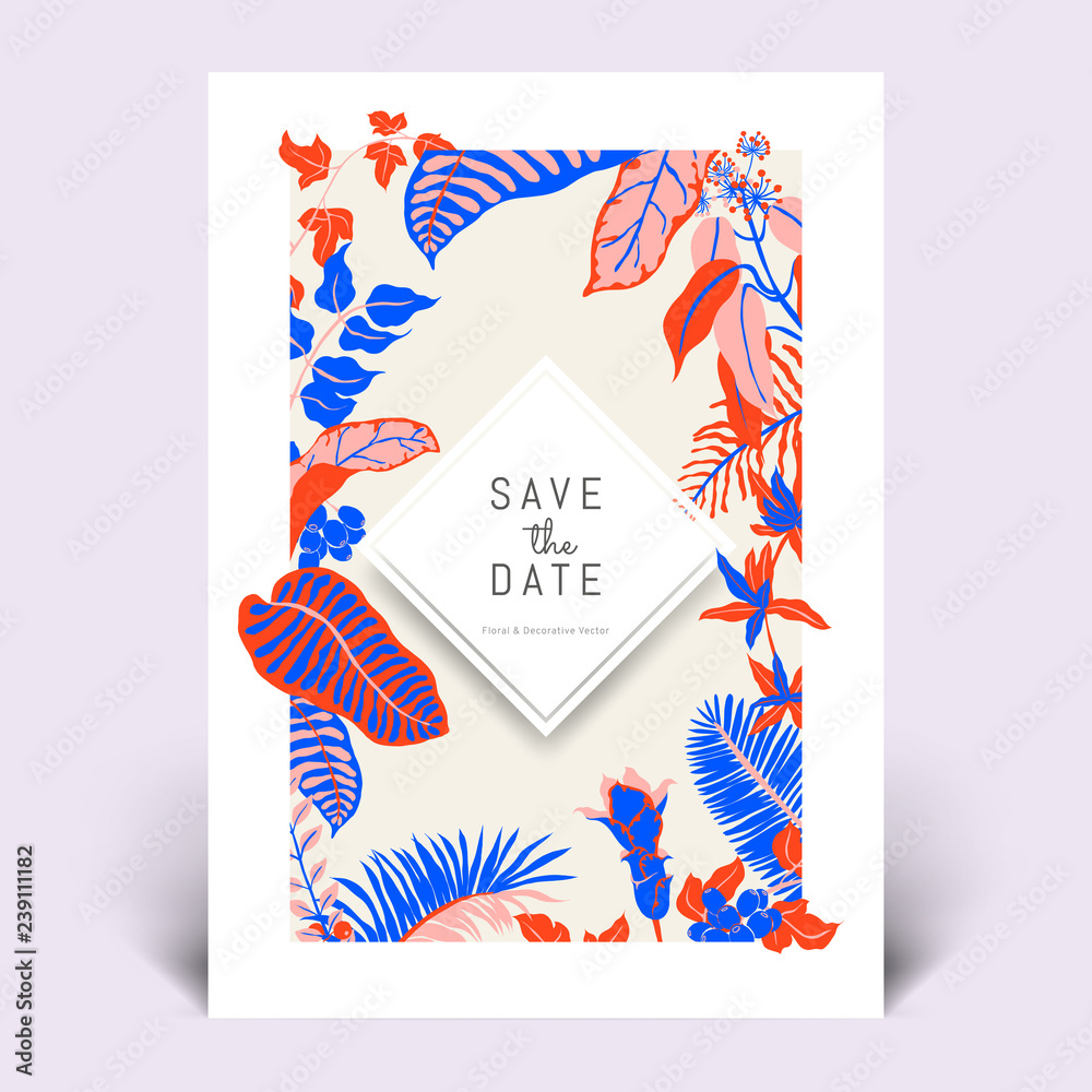 Colorful botanical invitation card template design, hand drawn tropical ...