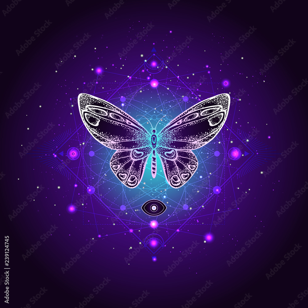 Vector illustration with hand drawn butterfly and Sacred geometric ...