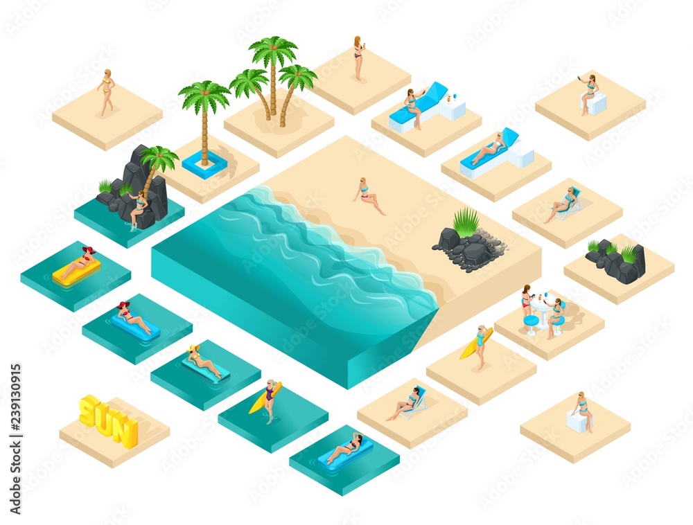 Isometric cartoon vector people, 3d girl in swimsuit, set for creating ...